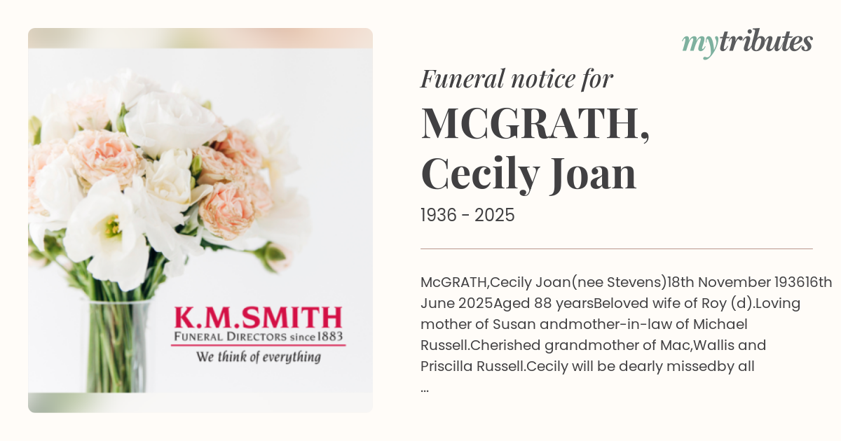 MCGRATH, Cecily Joan | Funeral Notices | Brisbane | My Tributes