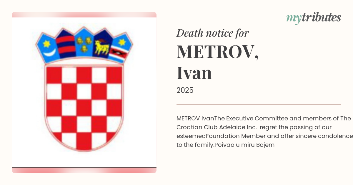 MEŠTROV, Ivan | Death Notices | Adelaide | My Tributes