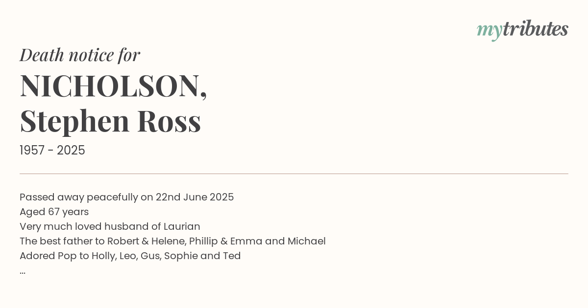 NICHOLSON, Stephen Ross | Death Notices | Adelaide | My Tributes