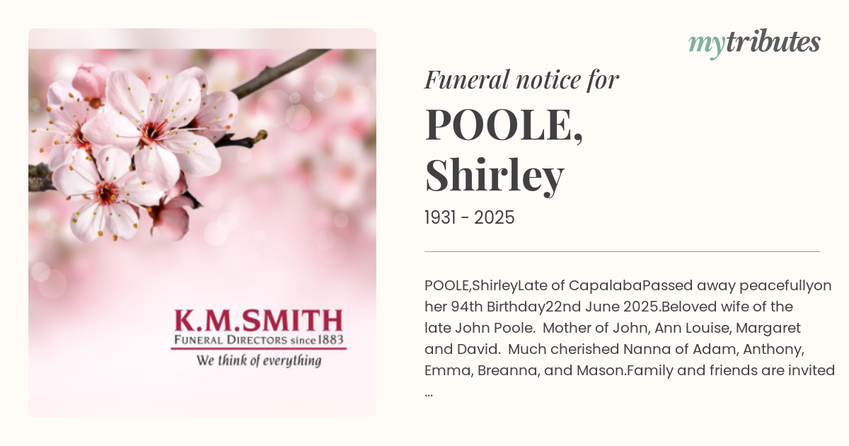 POOLE, Shirley | Funeral Notices | Brisbane | My Tributes