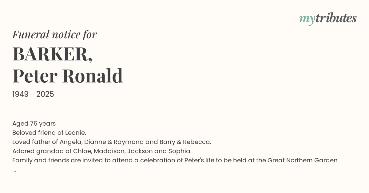 BARKER, Peter Ronald | Funeral Notices | Brisbane | My Tributes
