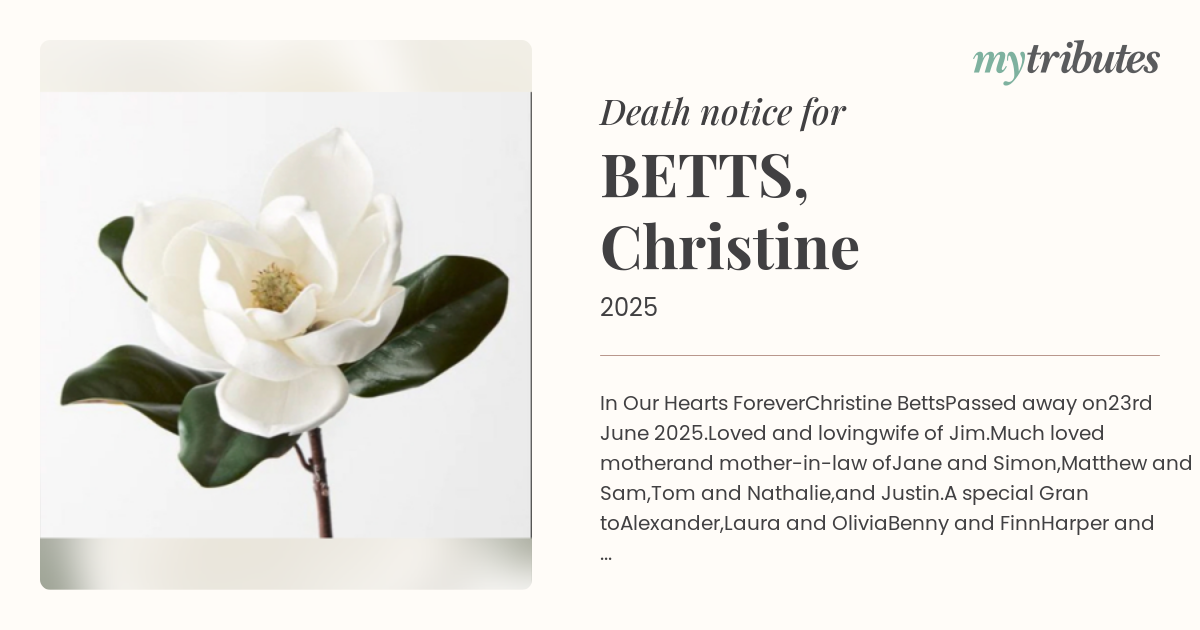BETTS, Christine | Death Notices | Adelaide | My Tributes