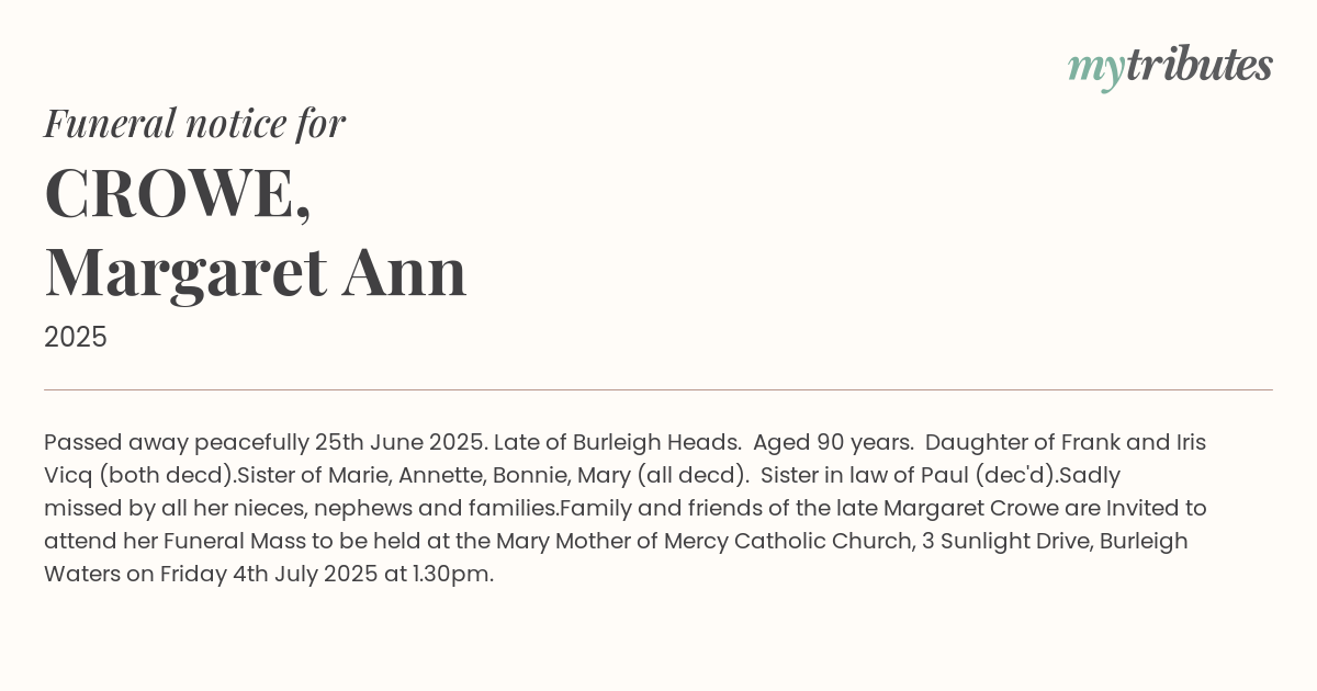 CROWE, Margaret Ann | Funeral Notices | Gold Coast | My Tributes