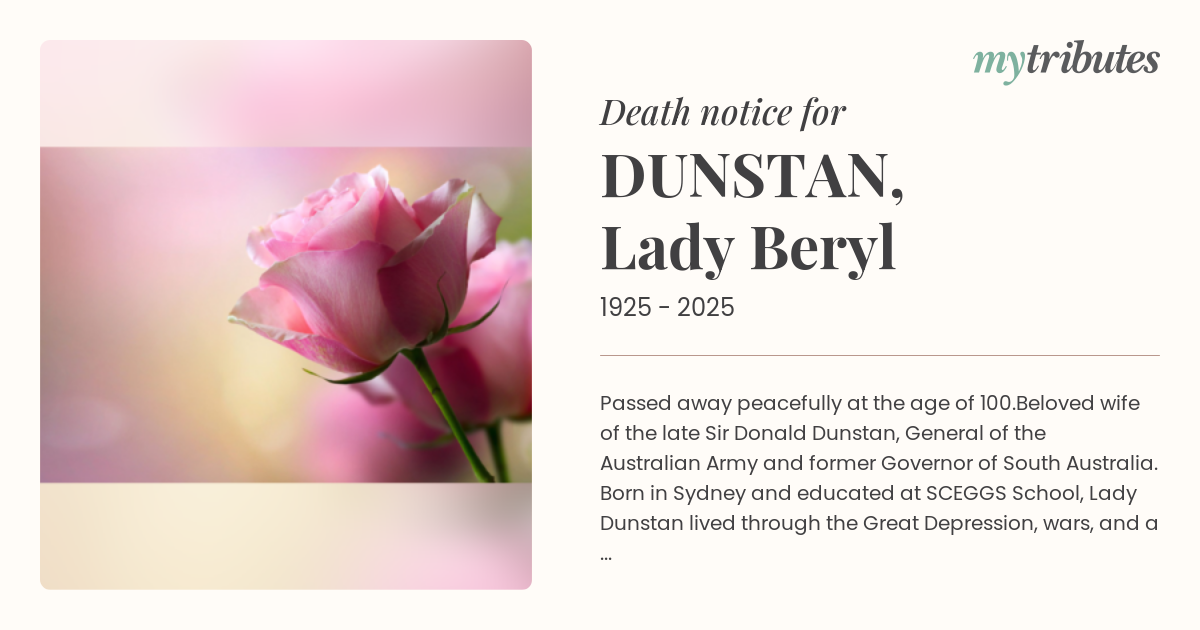 DUNSTAN, Lady Beryl | Death Notices | Adelaide | My Tributes