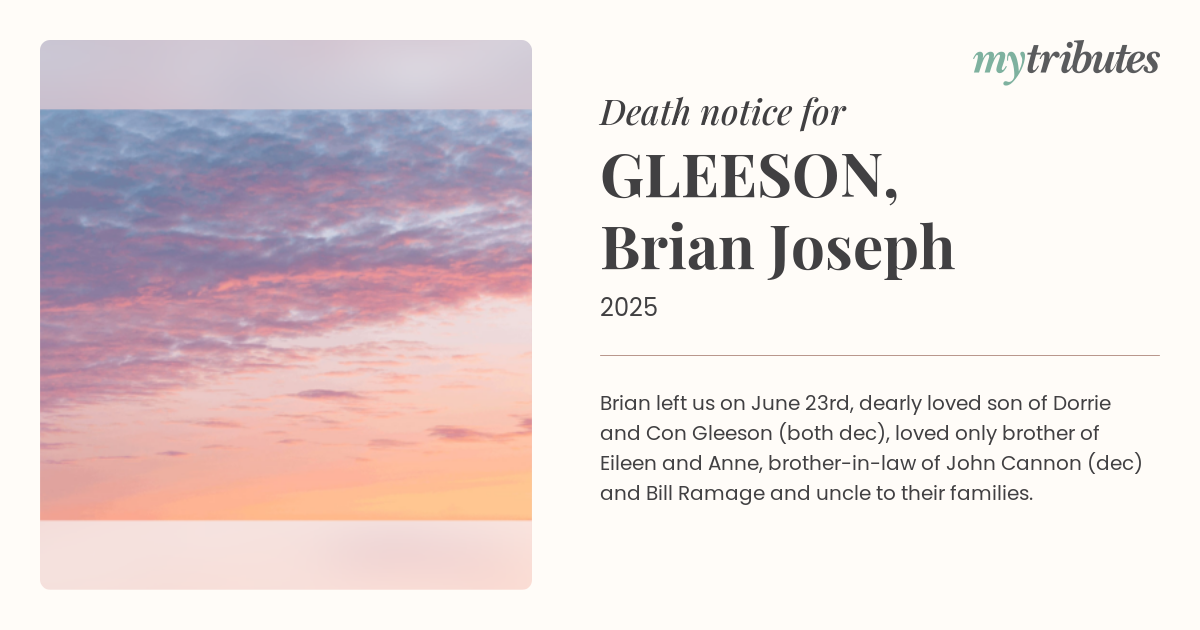GLEESON, Brian Joseph | Death Notices | Melbourne | My Tributes