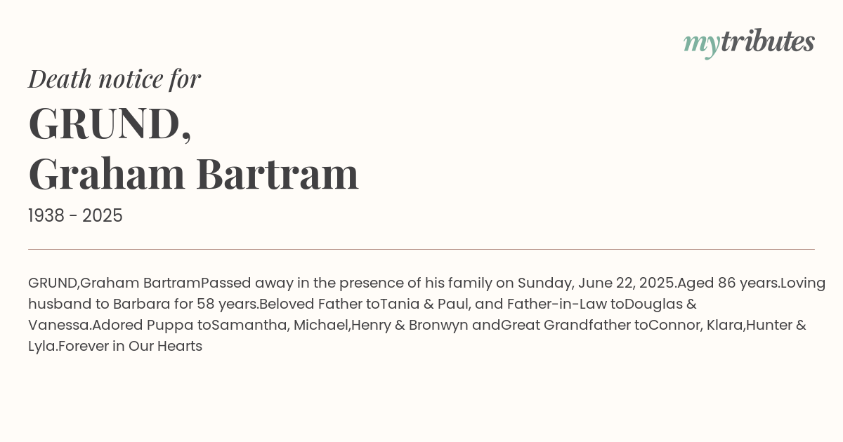 GRUND, Graham Bartram | Death Notices | Adelaide | My Tributes