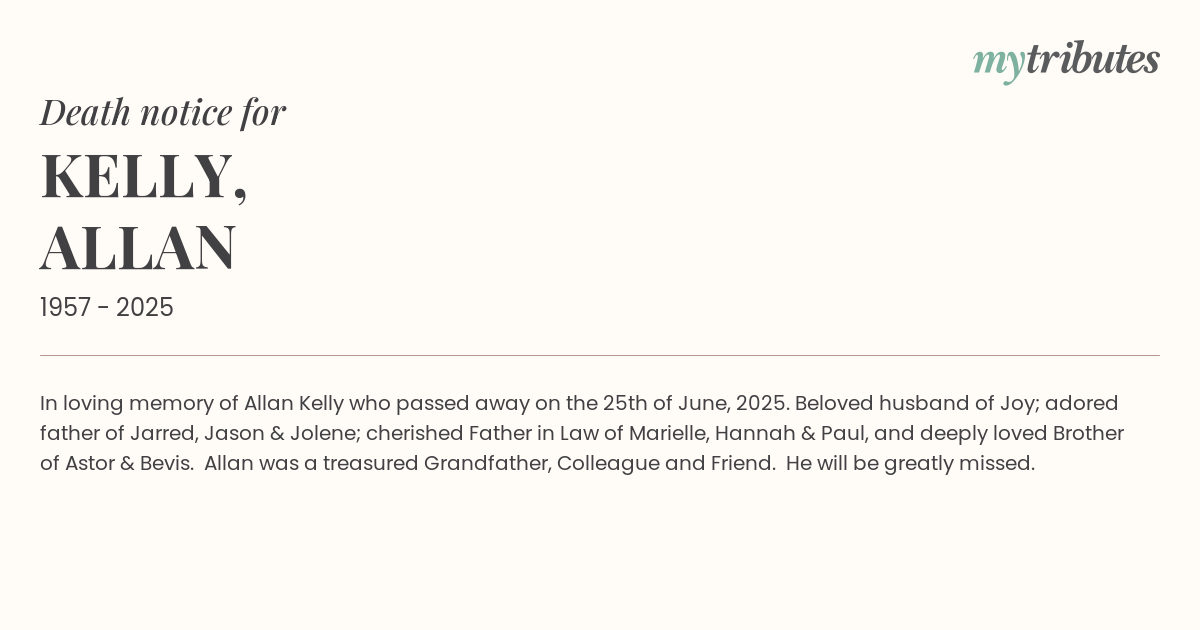 KELLY, ALLAN | Death Notices | Melbourne | My Tributes