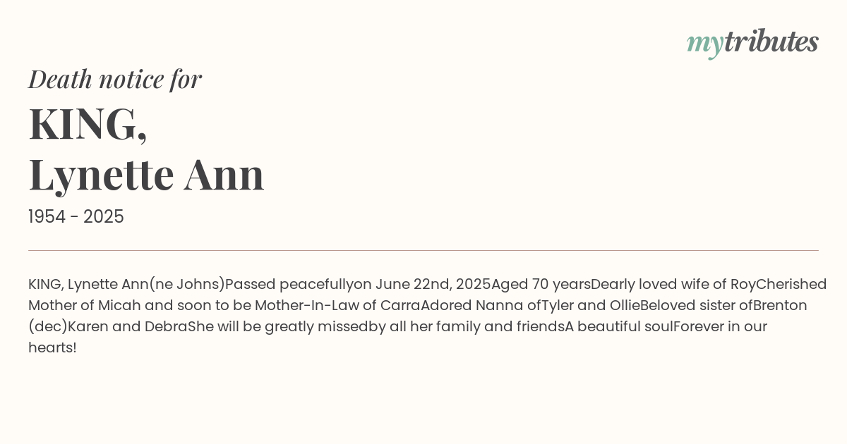 KING, Lynette Ann | Death Notices | Adelaide | My Tributes