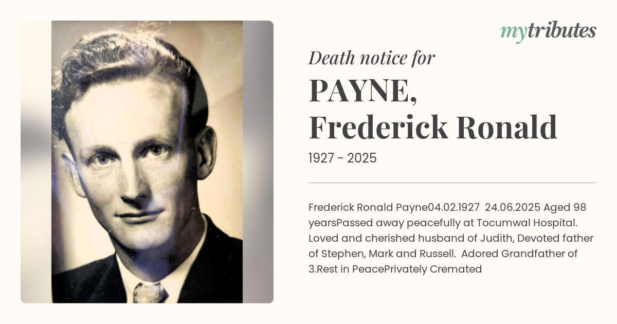 PAYNE, Frederick Ronald | Death Notices | Melbourne | My Tributes