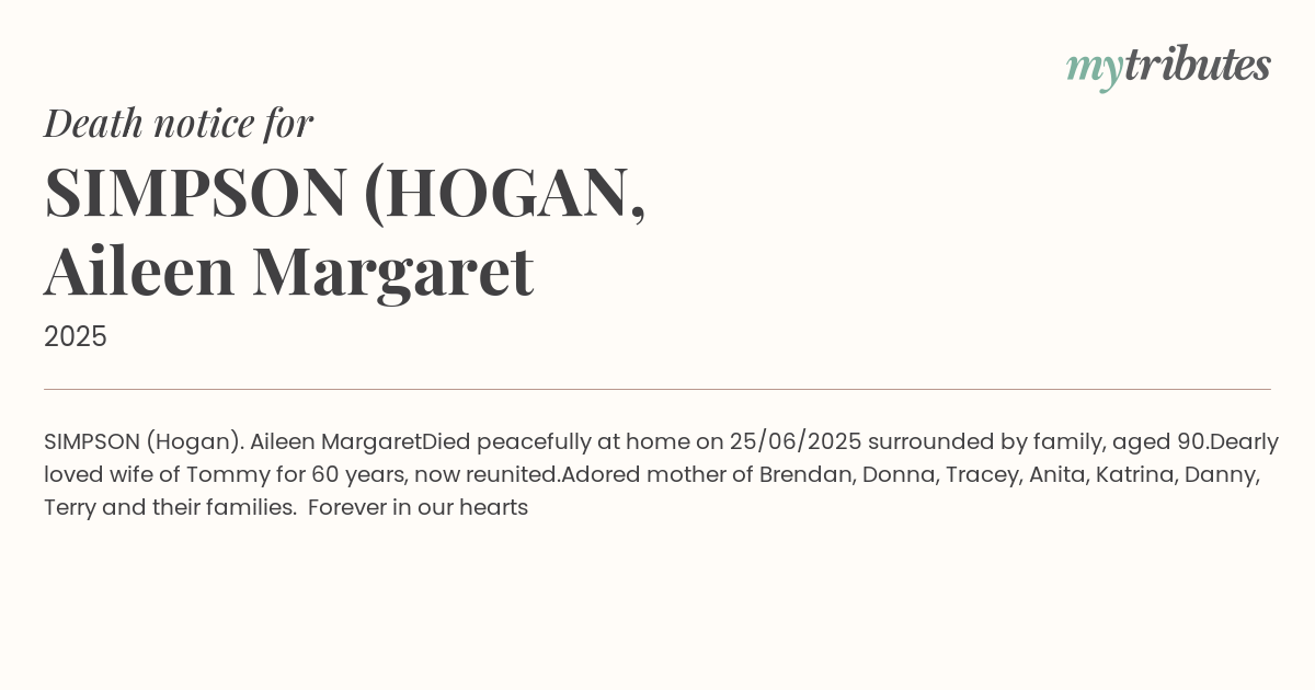 SIMPSON (HOGAN, Aileen Margaret | Death Notices | Melbourne | My Tributes