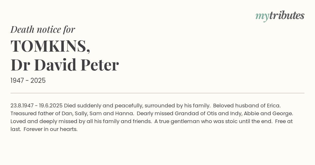 TOMKINS, Dr David Peter | Death Notices | Adelaide | My Tributes