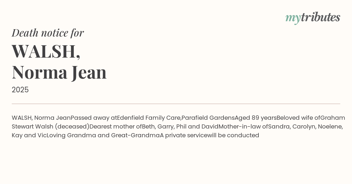 WALSH, Norma Jean | Death Notices | Adelaide | My Tributes