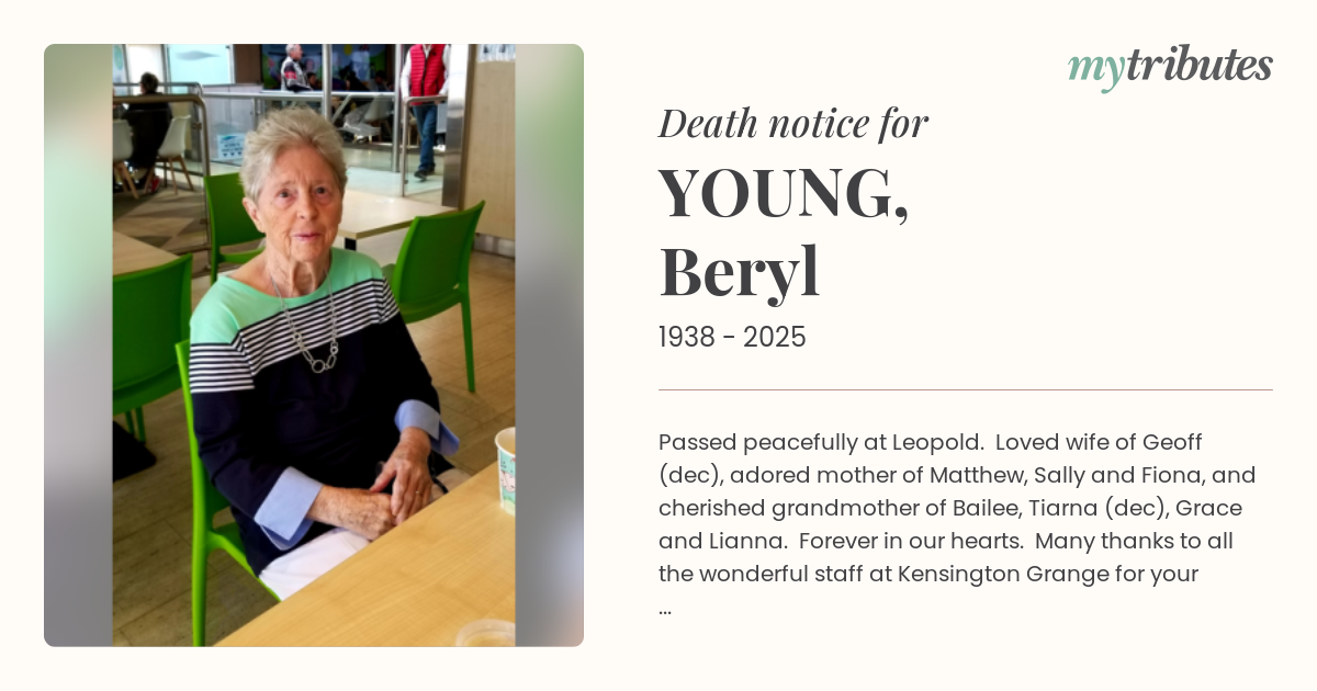 YOUNG, Beryl | Death Notices | Geelong | My Tributes