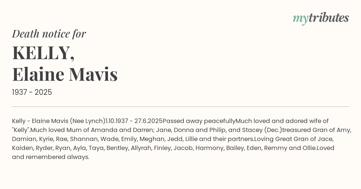 KELLY, Elaine Mavis | Death Notices | Melbourne | My Tributes