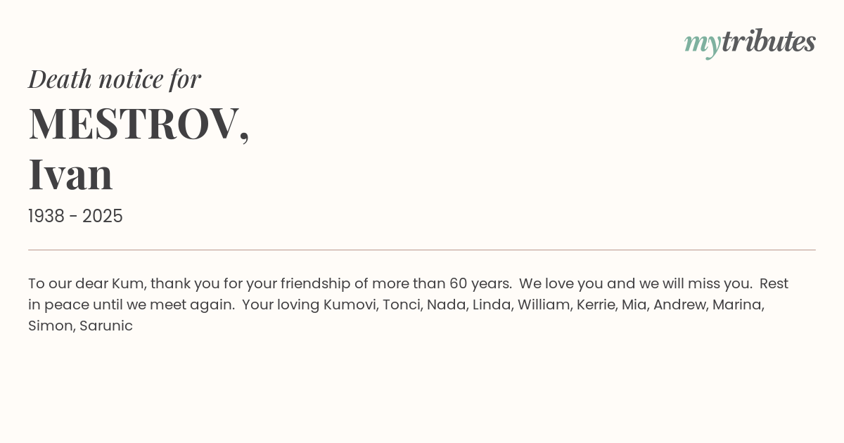 MESTROV, Ivan | Death Notices | Adelaide | My Tributes