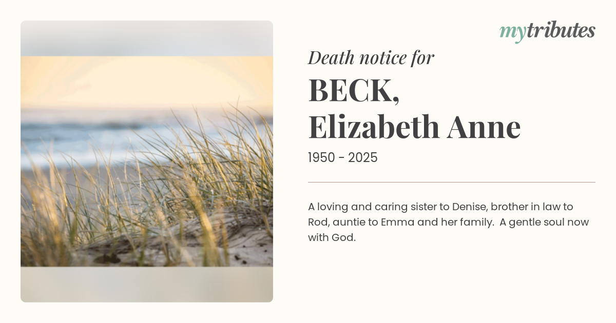 BECK, Elizabeth Anne | Death Notices | Tasmania | My Tributes