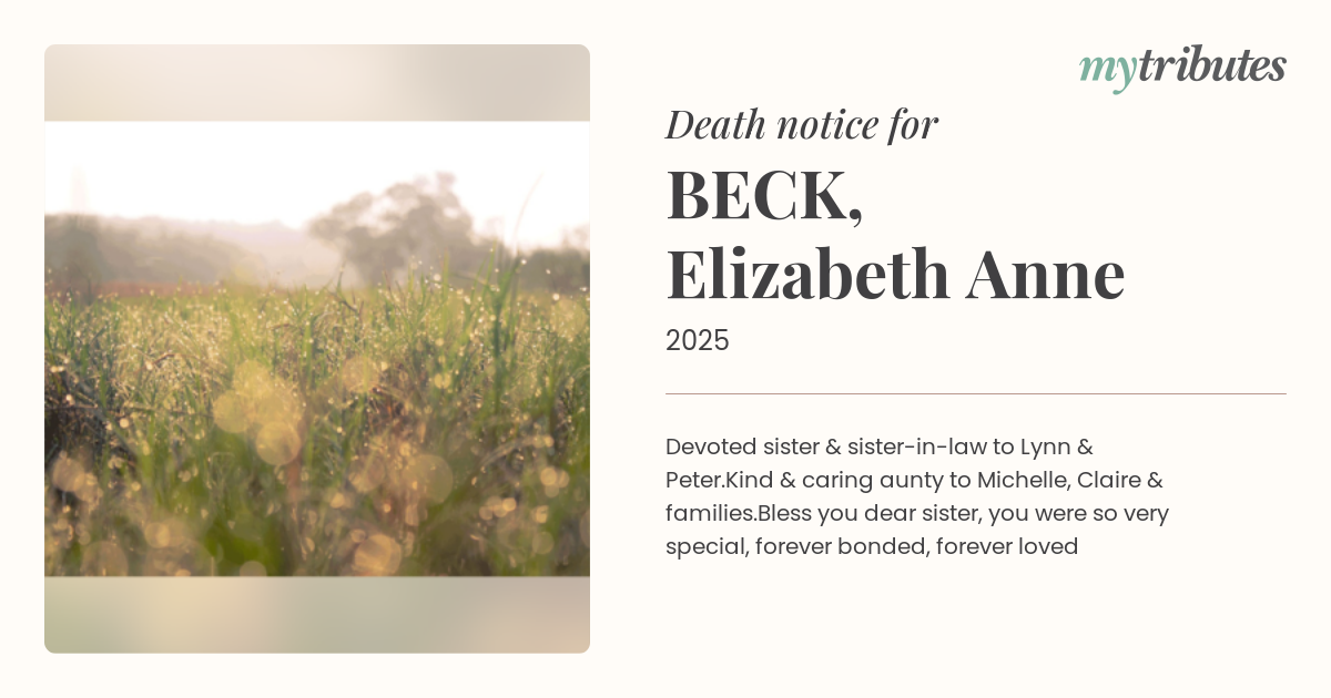BECK, Elizabeth Anne | Death Notices | Tasmania | My Tributes