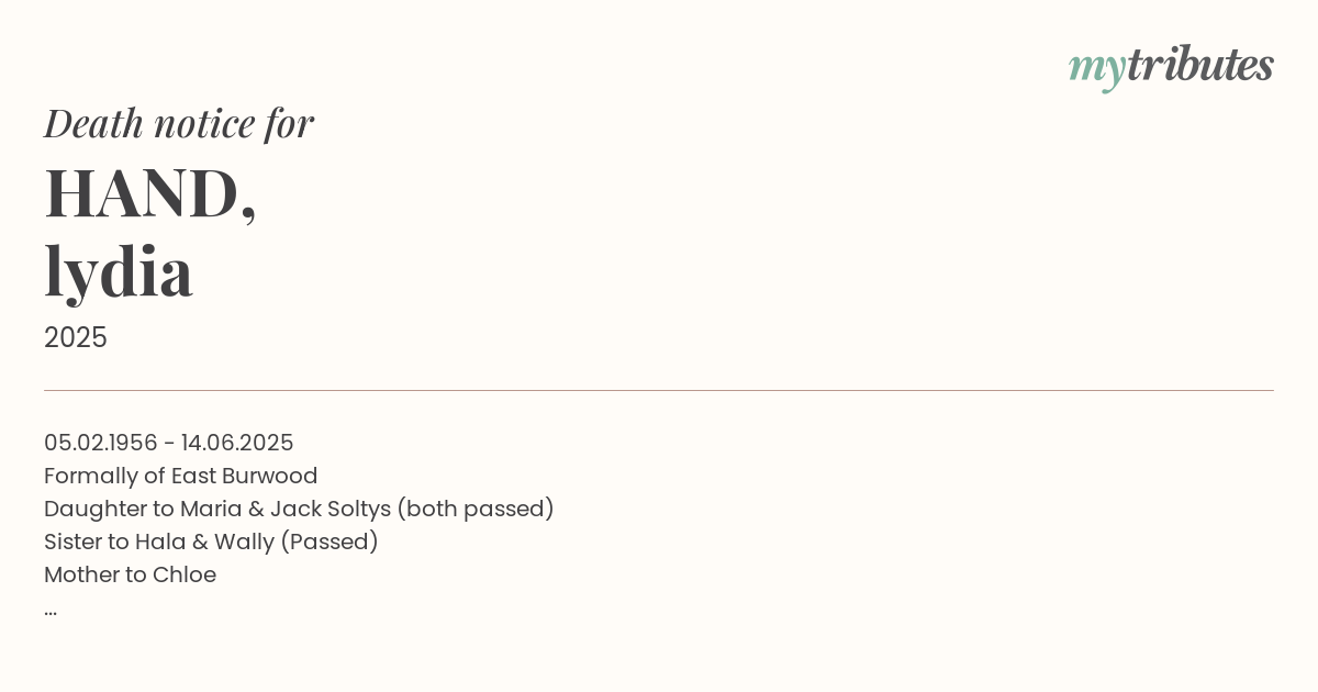 HAND, lydia | Death Notices | Melbourne | The Advertiser