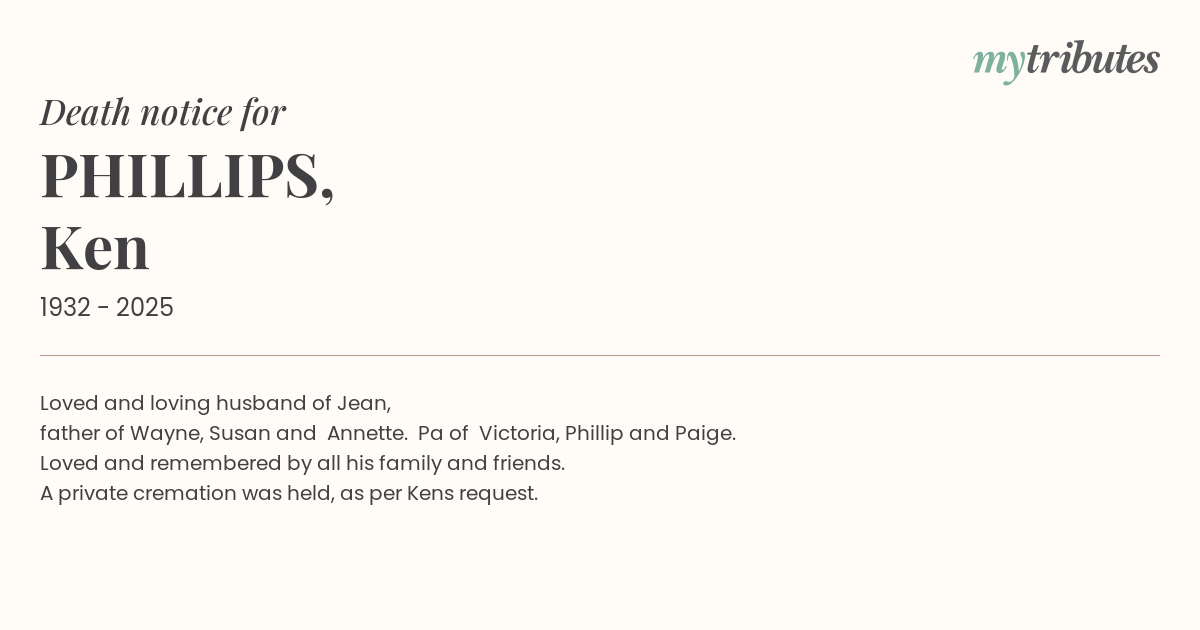 PHILLIPS, Ken | Death Notices | Melbourne | Herald Sun