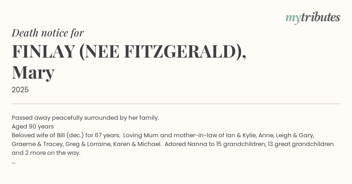 FINLAY (NEE FITZGERALD), Mary | Death Notices | Melbourne | My Tributes