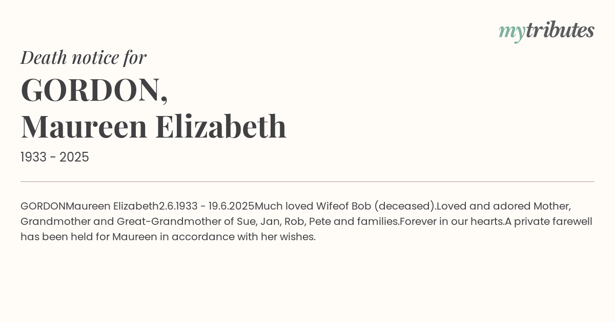 GORDON, Maureen Elizabeth | Death Notices | Adelaide | My Tributes