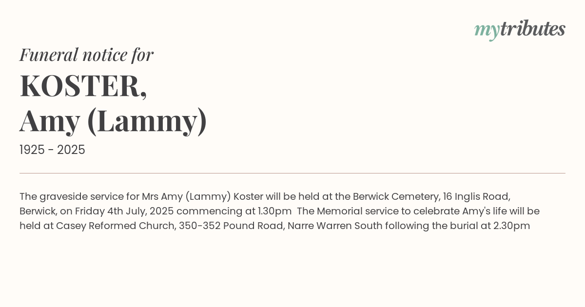 KOSTER, Amy (Lammy) | Funeral Notices | Melbourne | My Tributes