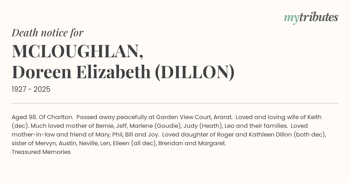 MCLOUGHLAN, Doreen Elizabeth (DILLON) | Death Notices | Melbourne | My ...