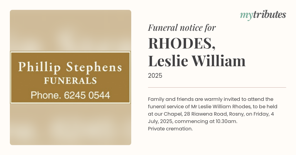 RHODES, Leslie William | Funeral Notices | Tasmania | My Tributes