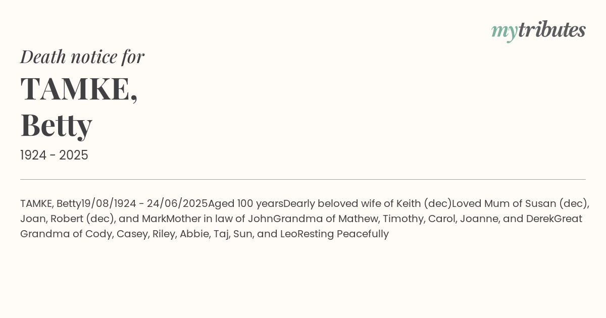 TAMKE, Betty | Death Notices | Adelaide | My Tributes