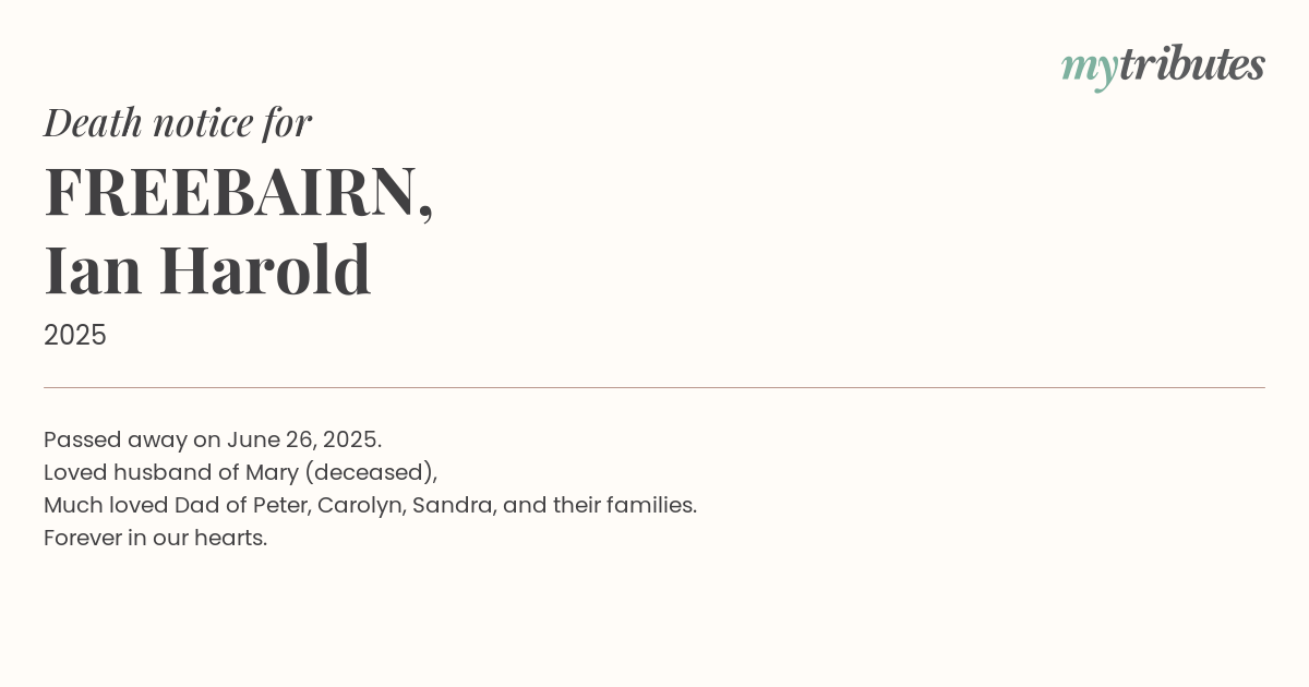 FREEBAIRN, Ian Harold | Death Notices | Adelaide | My Tributes