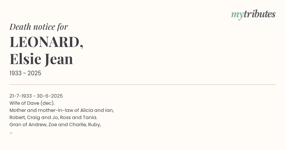 LEONARD, Elsie Jean | Death Notices | Melbourne | My Tributes