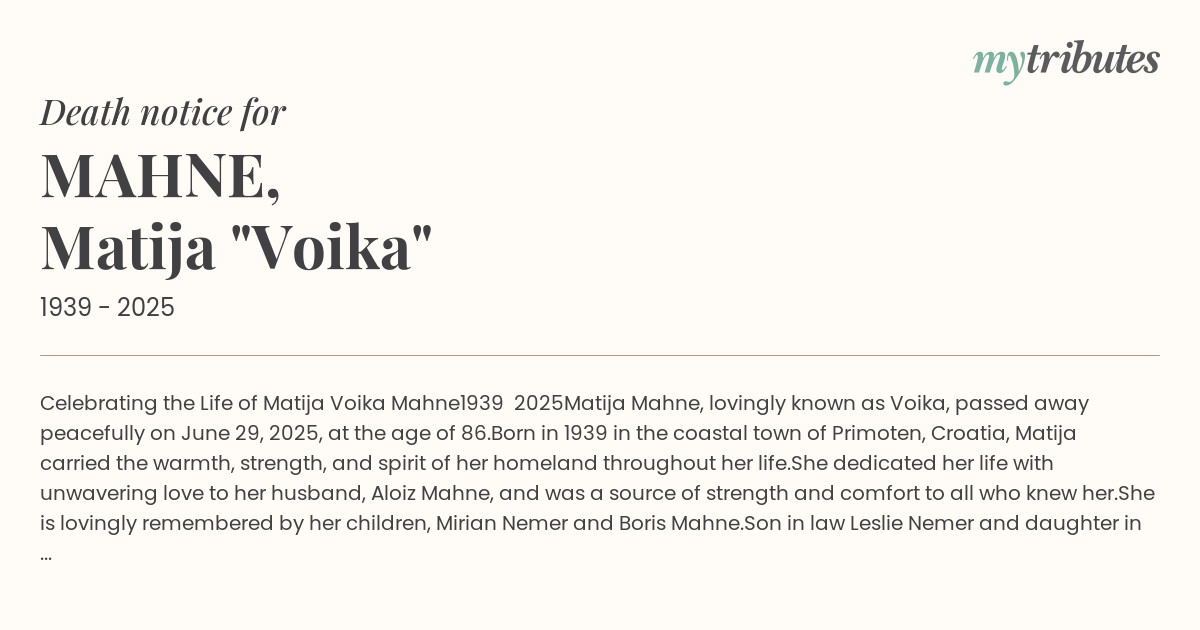 MAHNE, Matija "Voika" | Death Notices | Adelaide | My Tributes