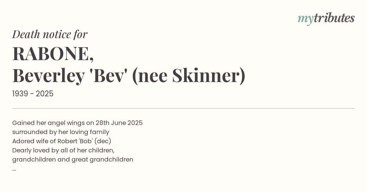 RABONE, Beverley 'Bev' (nee Skinner) | Death Notices | Adelaide | My ...