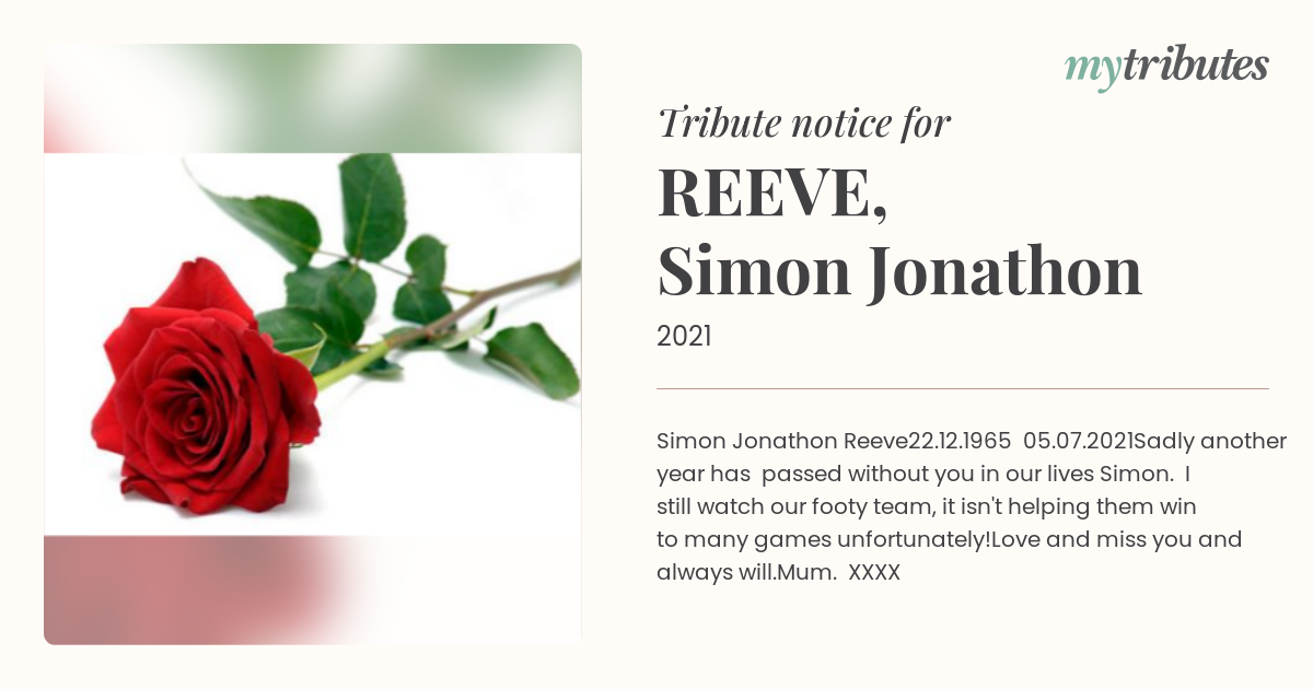 REEVE, Simon Jonathon | Tributes | Adelaide | My Tributes