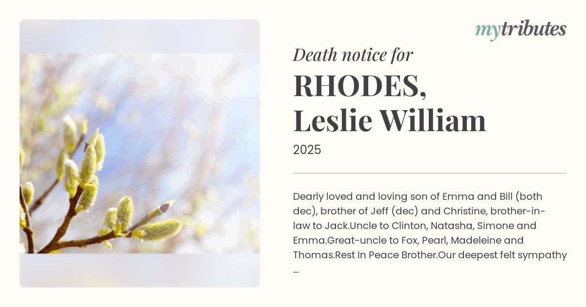 RHODES, Leslie William | Death Notices | Tasmania | My Tributes