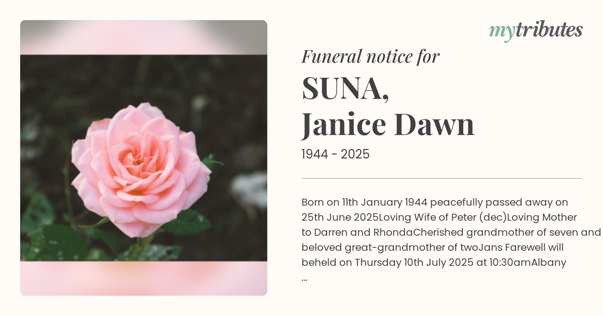 SUNA, Janice Dawn | Funeral Notices | Brisbane | My Tributes