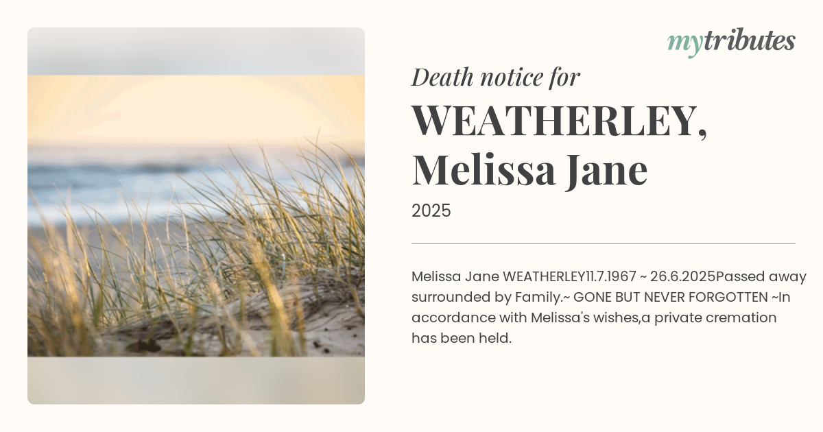 WEATHERLEY, Melissa Jane | Death Notices | Townsville | My Tributes