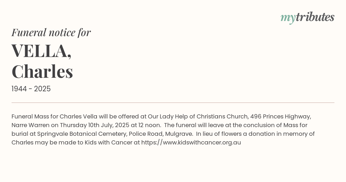 VELLA, Charles | Funeral Notices | Melbourne | Herald Sun