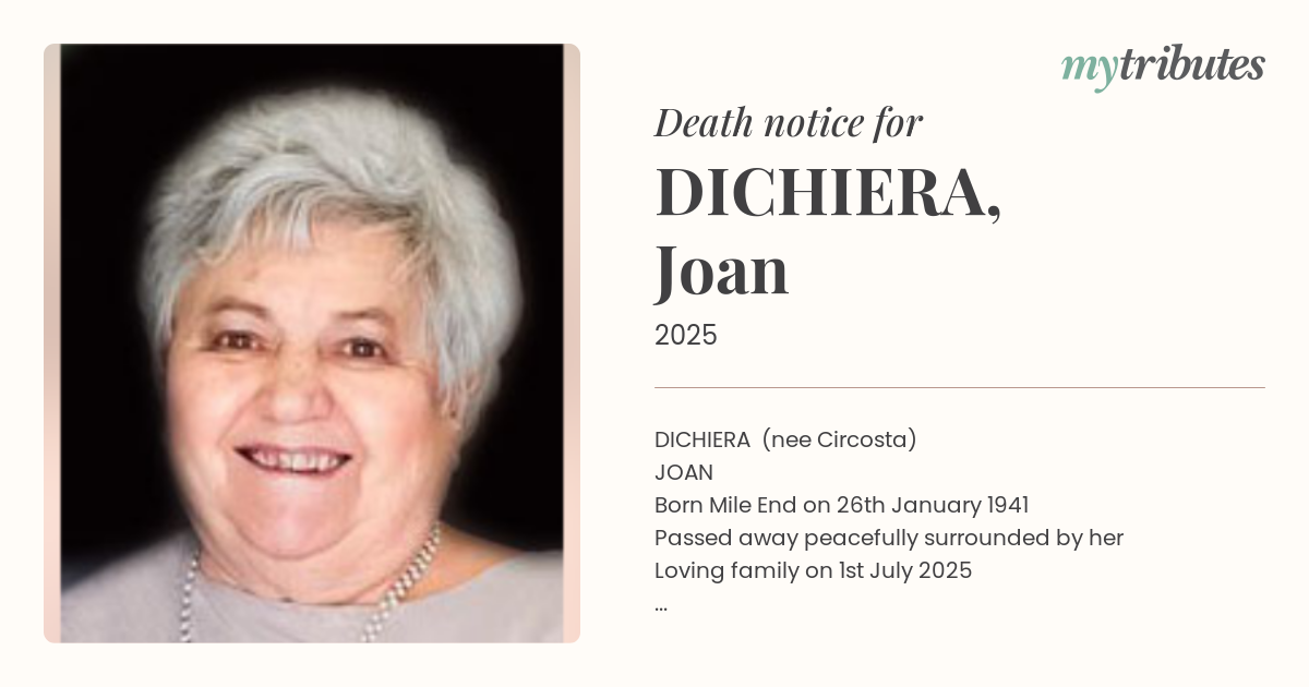 DICHIERA, Joan | Death Notices | Adelaide | My Tributes