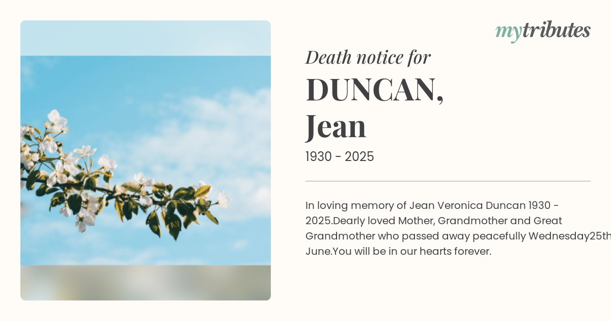 DUNCAN, Jean | Death Notices | Sydney | My Tributes