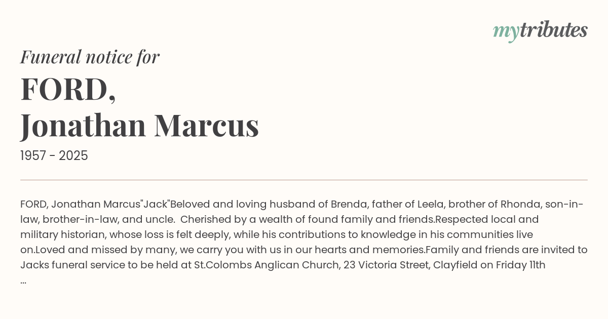 FORD, Jonathan Marcus | Funeral Notices | Brisbane | My Tributes