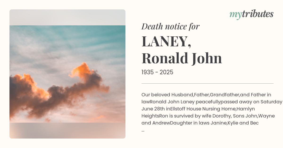 LANEY, Ronald John | Death Notices | Geelong | My Tributes