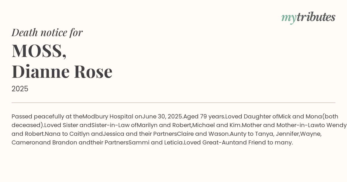 MOSS, Dianne Rose | Death Notices | Adelaide | My Tributes