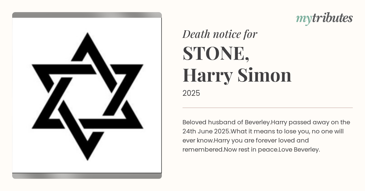 STONE, Harry Simon | Death Notices | Melbourne | My Tributes