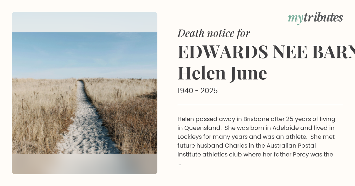 EDWARDS NEE BARNES, Helen June | Death Notices | Brisbane | My Tributes