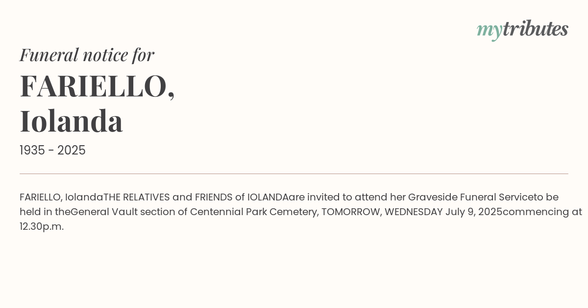 FARIELLO, Iolanda | Funeral Notices | Adelaide | The Advertiser