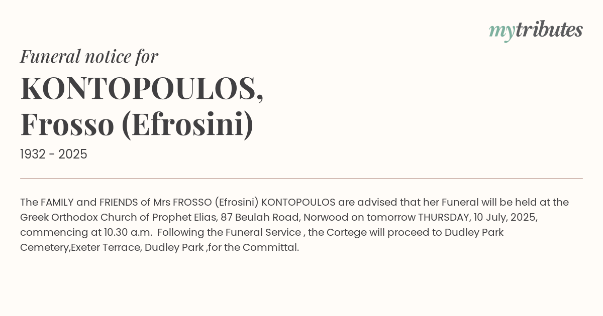 KONTOPOULOS, Frosso (Efrosini) | Funeral Notices | Adelaide | The Advertiser