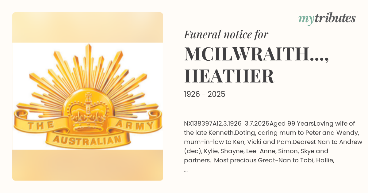 MCILWRAITH (NEE PASSMORE), HEATHER | Funeral Notices | Sydney | My Tributes