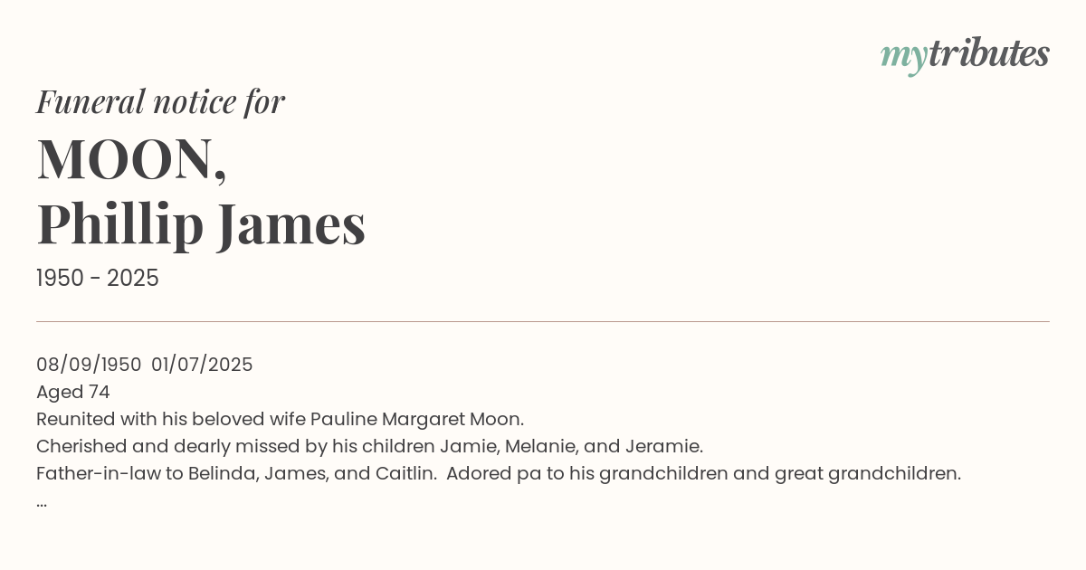 MOON, Phillip James | Funeral Notices | Sydney | My Tributes