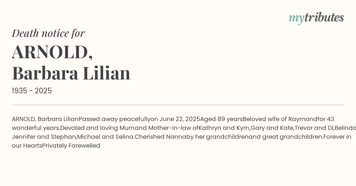 ARNOLD, Barbara Lilian | Death Notices | Adelaide | The Advertiser